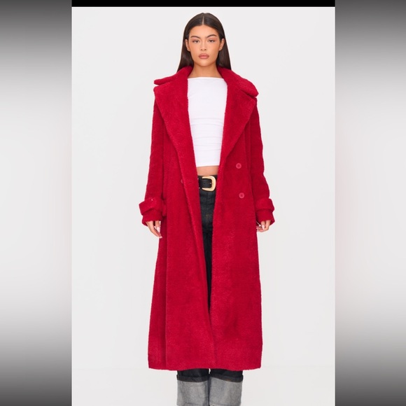 PrettyLittleThing | Jackets & Coats | Plt Red Borg Double Breasted Maxi ...